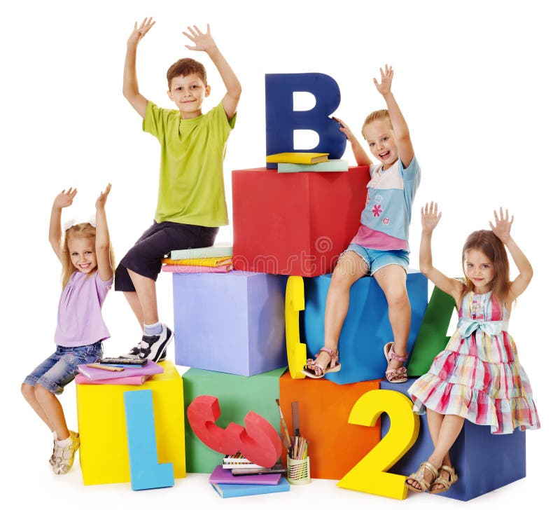 Children sitting at cube. stock photo. Image of childhood - 32200078