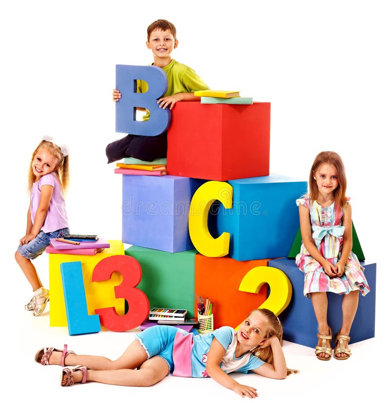 Children sitting at cube. stock image. Image of group - 39792129