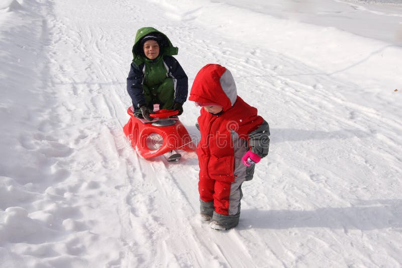 Children Sledding on Sledge Stock Image - Image of daughter, little ...