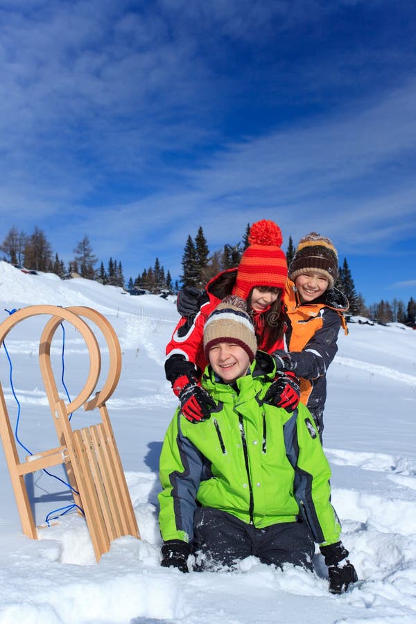 Children with Sledge in Winter Stock Photo - Image of children, girl ...