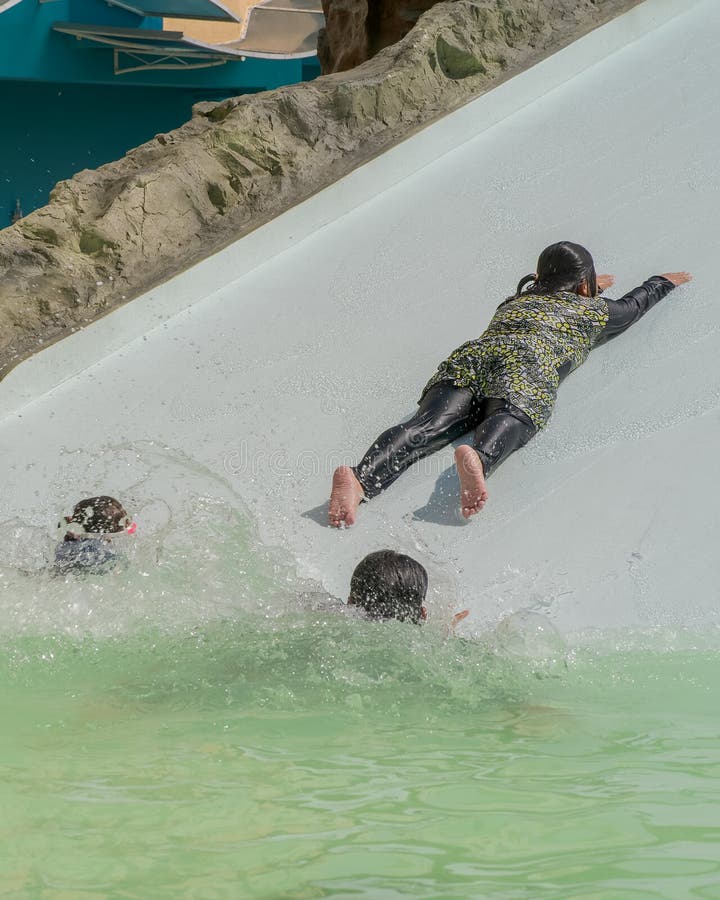 Children Sliding into Pool after Going Down Water Slide during Summer ...