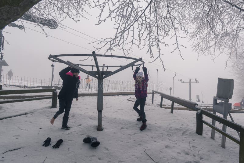 Children, snow and fun stock image. Image of nature - 204525811