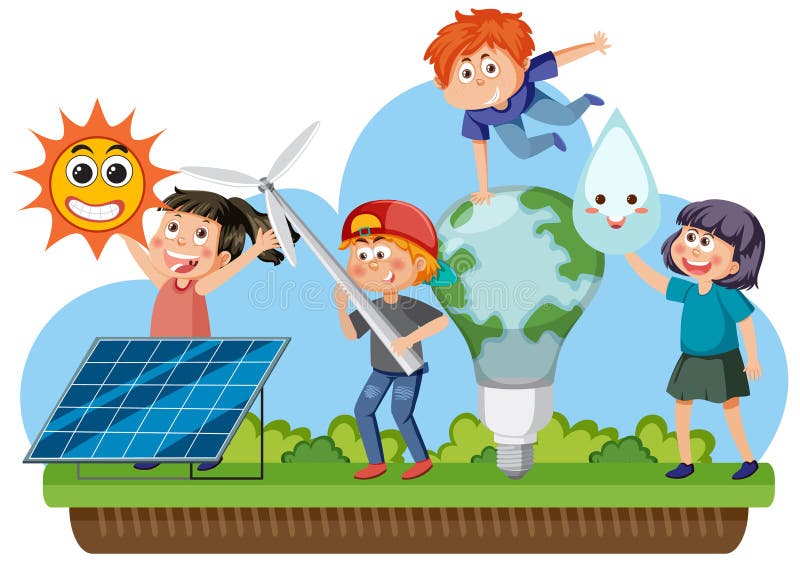 Children with Solar Panels and Wind Turbines Stock Vector ...