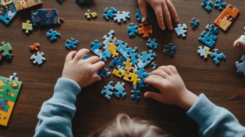 Children Solving Educational Puzzle, Assembling Colorful Geometric ...