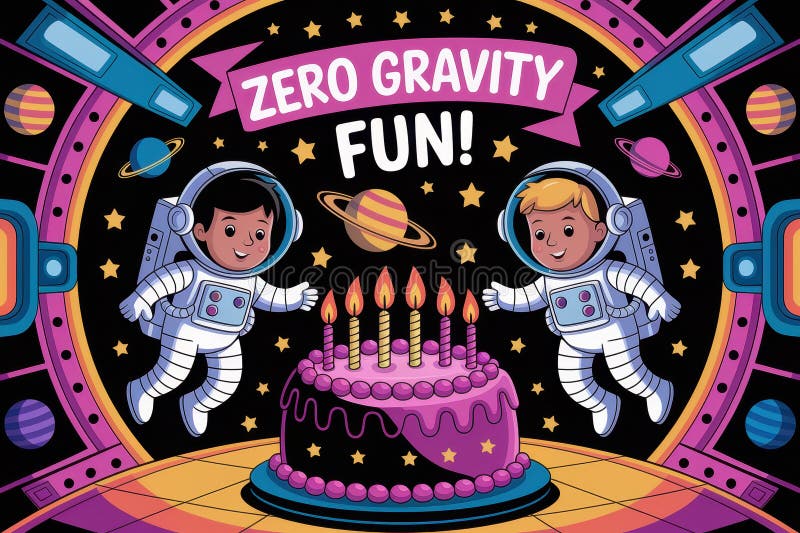 Children in Space-themed Party with Astronauts and Cake Celebrating ...