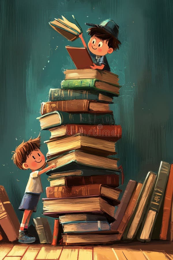 Children Stacking Books in a Whimsical Illustration Stock Photo - Image ...