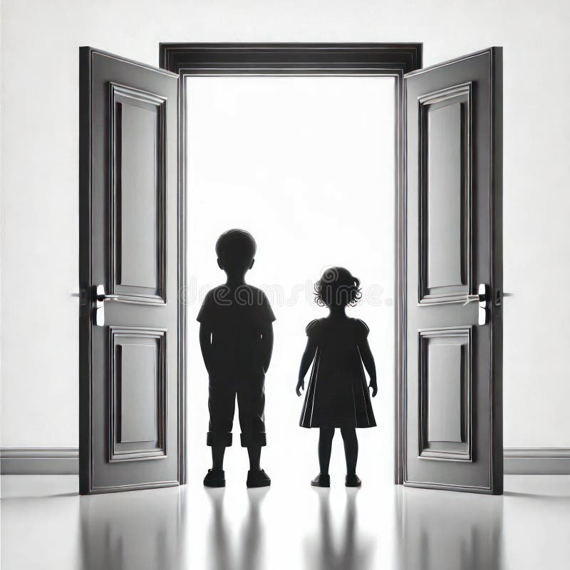 Children Stand in the Doorway with a Bright Light. Stock Image - Image ...