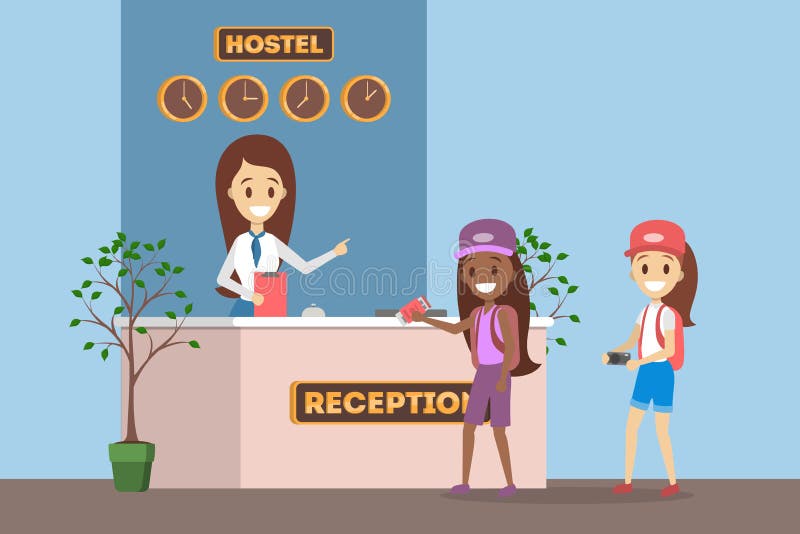 Reception in hostel. stock vector. Illustration of manager - 90723873