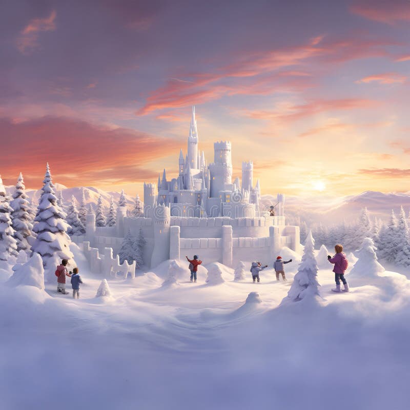 Children Standing at the Snow Castle in Winter. Stock Illustration ...