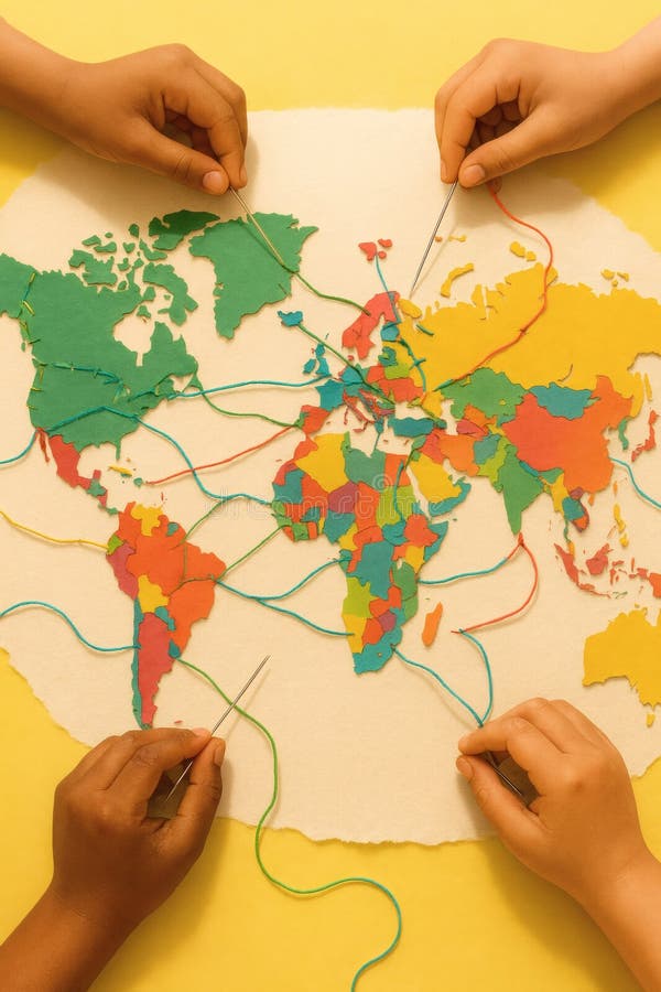 Children Stitching Colorful World Map - Global Unity, Diversity ...