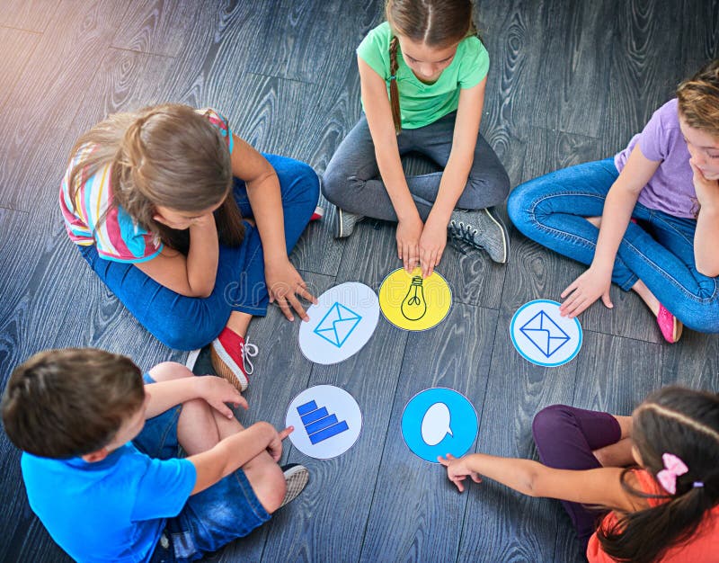 Children, Students and Playing Game on Floor with Communication Icons ...