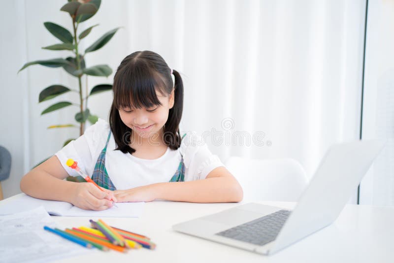 Children Study Online with Zoom Program at Home. she is Happy To Study ...