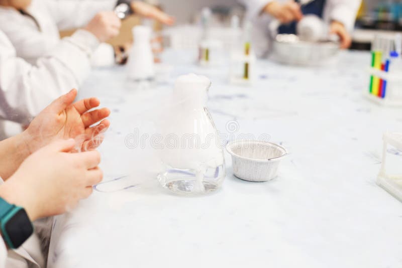 Children Study Science Education. Chemical Laboratory with Test Tubes ...