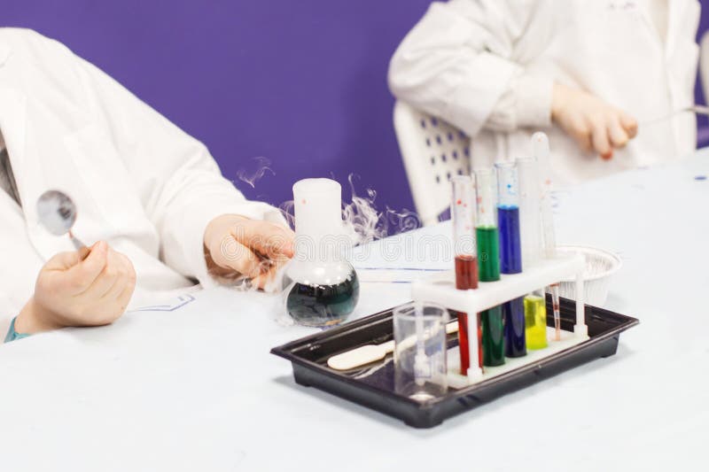 Children Study Science Education. Chemical Laboratory with Test Tubes ...