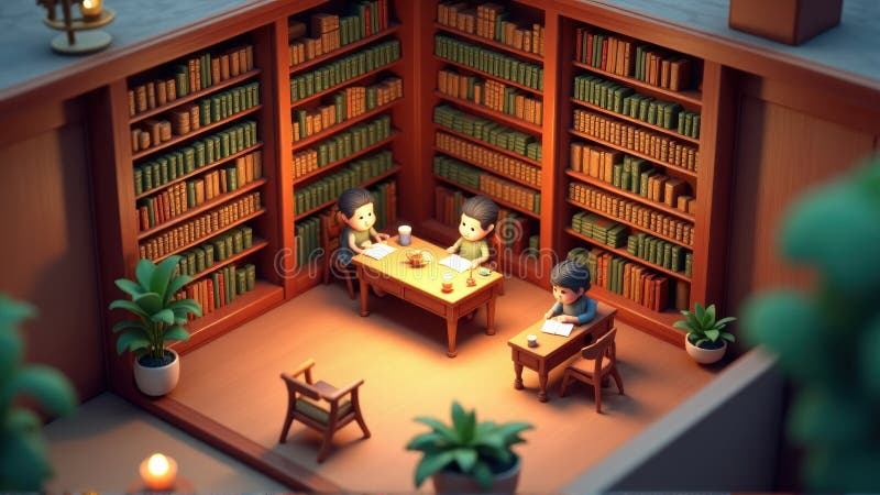 Children Studying in a Cozy Library Stock Illustration - Illustration ...