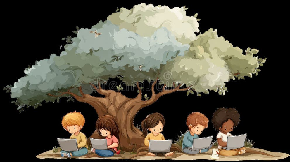 Children Studying with Laptops Under a Tree on Transparent Background ...