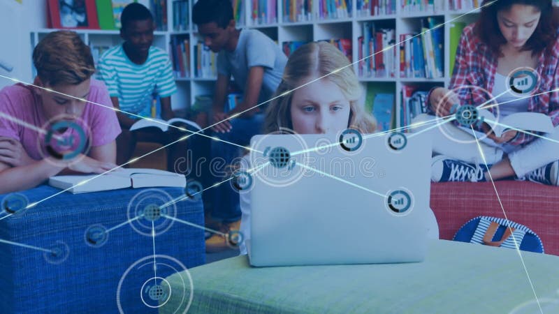Children Studying in Library with Digital Network Connections Overlay ...