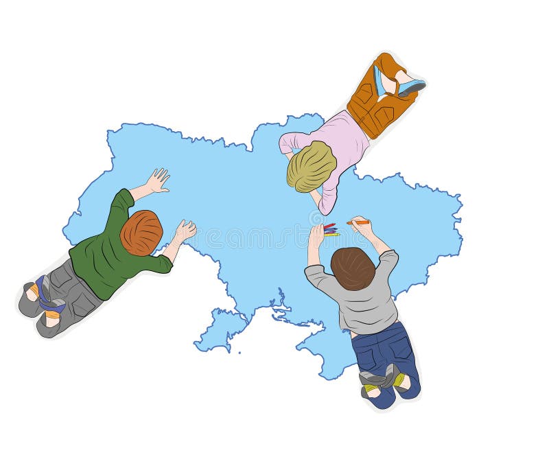 Children are Studying the Map of Ukraine Lying on it. Vector ...