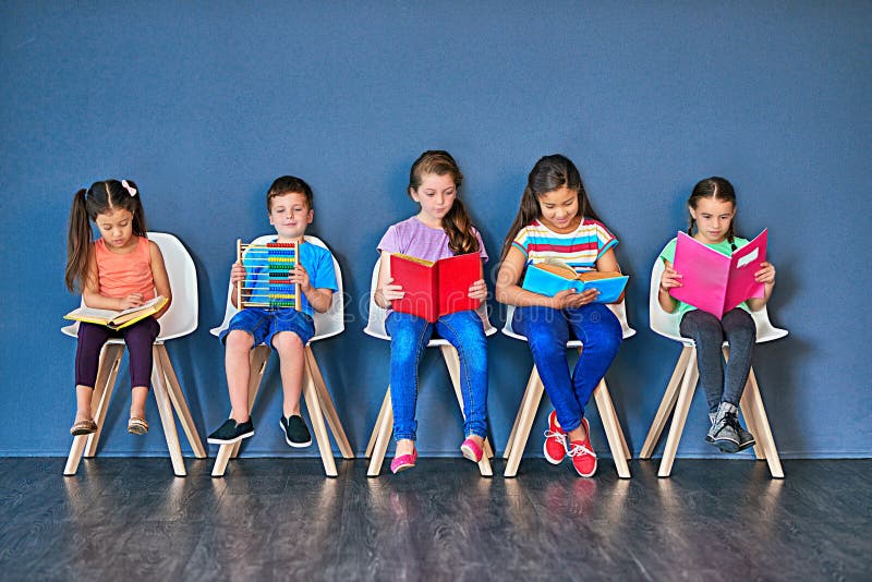 Children, Studying and Row with Books in Studio for Knowledge ...