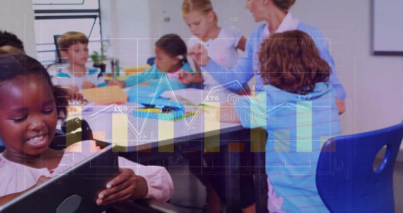 Children Studying with Teacher, Financial Data Image Over Classroom ...