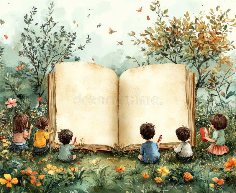 Children Surrounded by Giant Open Book Illustration Stock Photo - Image ...
