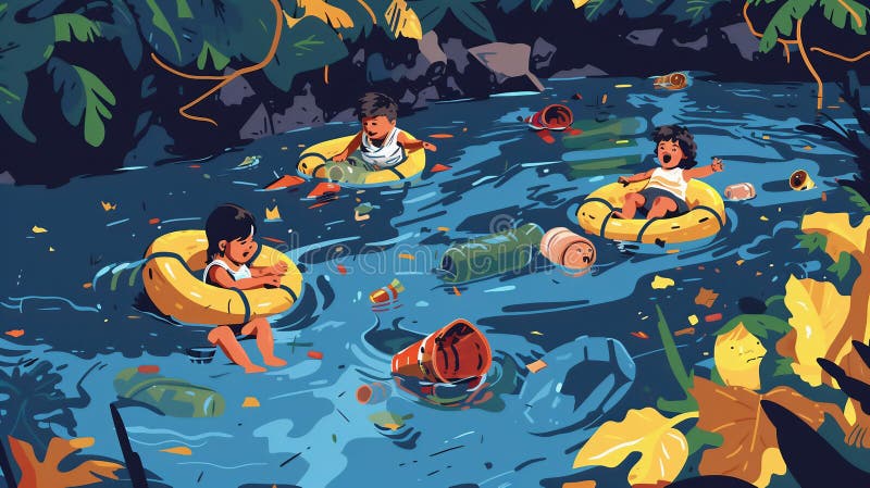 Children Swim in a River Made of Garbage. Ecological Disaster ...