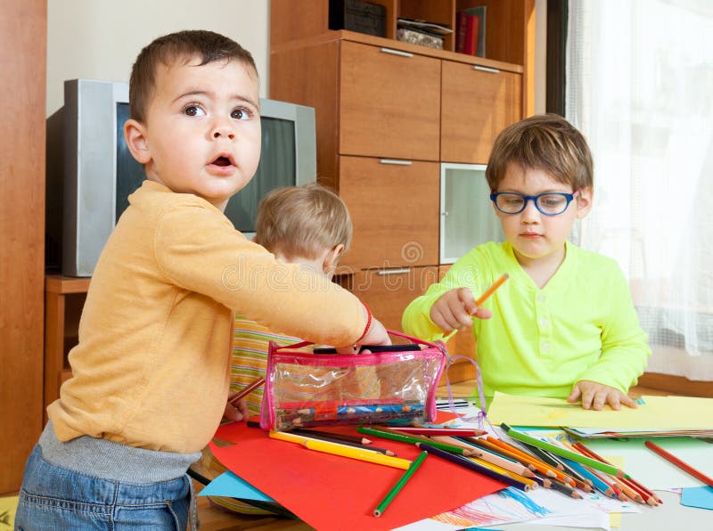 Children at Table with Crayons Stock Image - Image of painting, paint ...