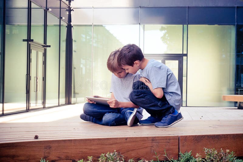Children with Tablet Computers Outdoor. People Education Learning ...