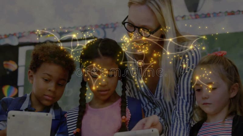 Children Tapping Tablets Classroom, Creating Sparkles Forming Network ...