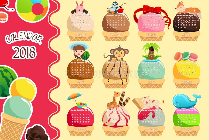 2018 Children Themed Calendar in Cartoon Style Stock Vector ...