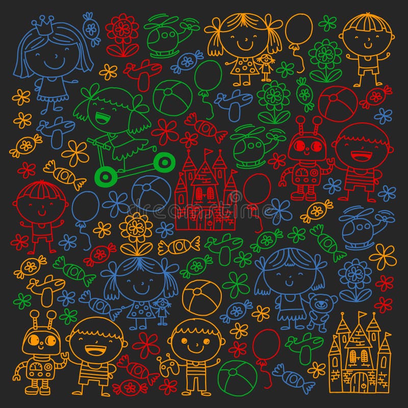 Children with Toys. Colorful Pattern for Kindergarten Posters. Stock ...