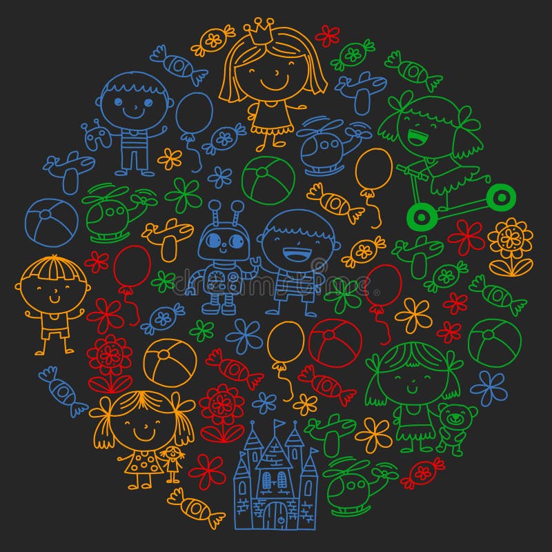 Children with Toys. Colorful Pattern for Kindergarten Posters. Stock ...