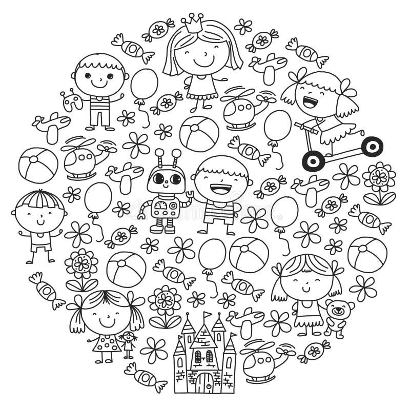 Children with Toys. Colorful Pattern for Kindergarten Posters. Stock ...