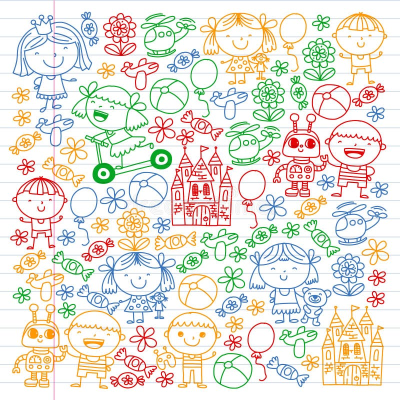 Children with Toys. Colorful Pattern for Kindergarten Posters. Stock ...