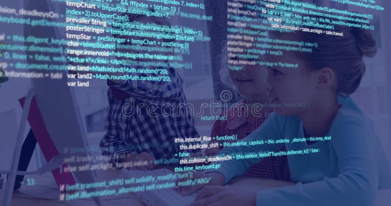 Children Using Computer with Programming Code Animation Over Screen Stock Video - Video of code ...