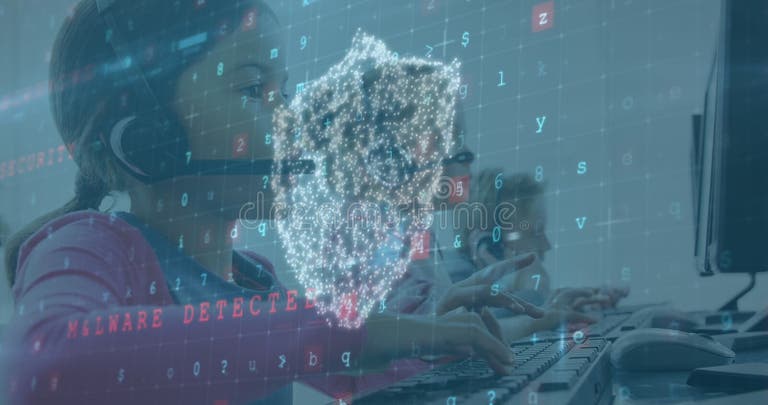 Children Using Computers with Headset, Digital Security Interface ...