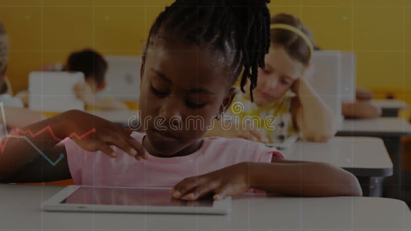 Children Using Tablets in Classroom with Data Graph Animation Overlay ...