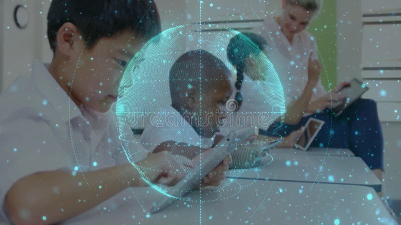 Children Using Tablets in Classroom with Digital Globe Animation ...