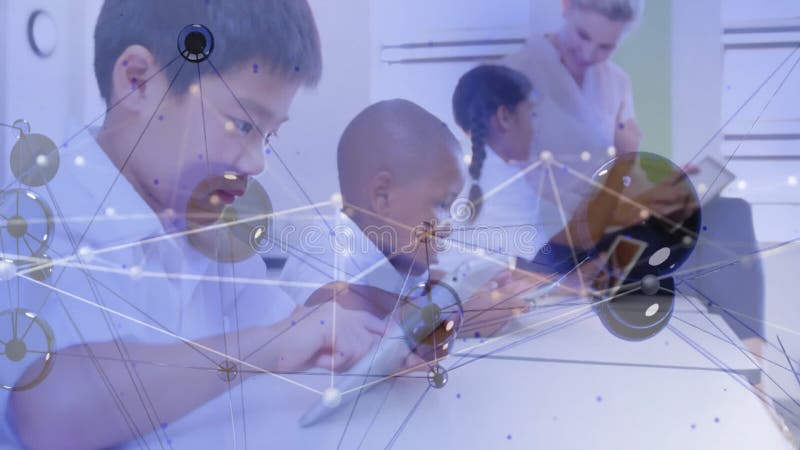 Children Using Tablets in Classroom with Network Connections Animation Overlay Stock Video ...