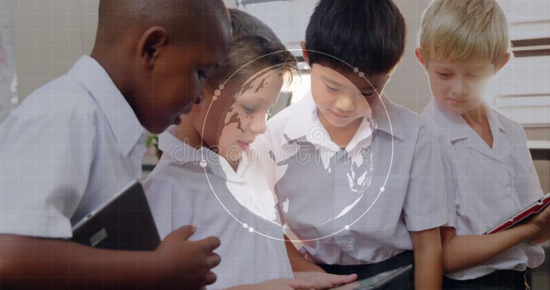Children Using Tablets, Digital World Map and Data Processing Image ...