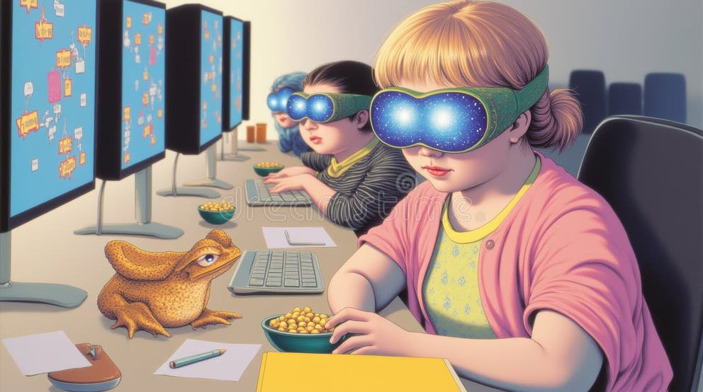 Children Using Tech To Learn in Classrooms Wearing VR Headsets. a Toad ...