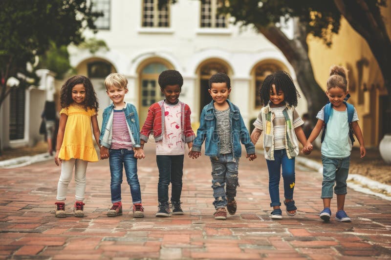 Children of Various Races Hand-in-hand in Front of a School, Showcasing ...