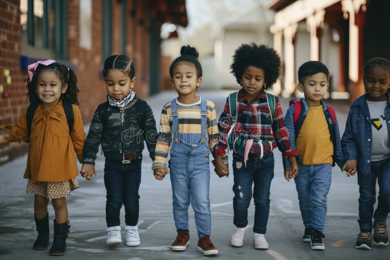 Children of Various Races Hand-in-hand in Front of a School, Showcasing ...