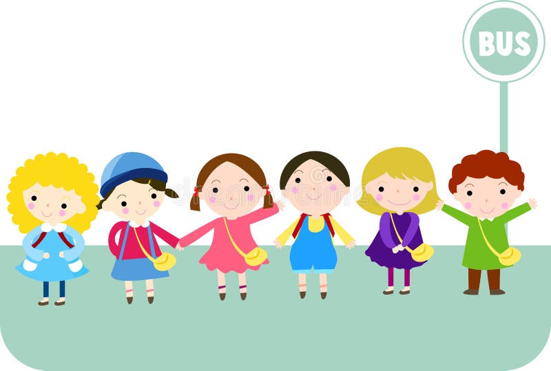 Children waiting bus stock illustration. Illustration of student - 27599397