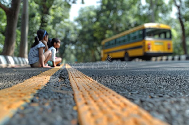 School Children Sitting on the Road Waiting for Bus Going To School ...