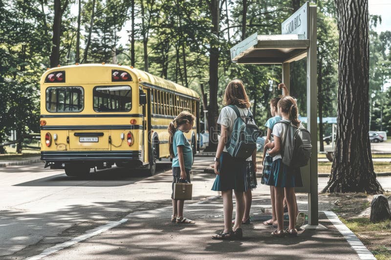 Children are Waiting for the School Bus at the Bus Stop. Stock ...