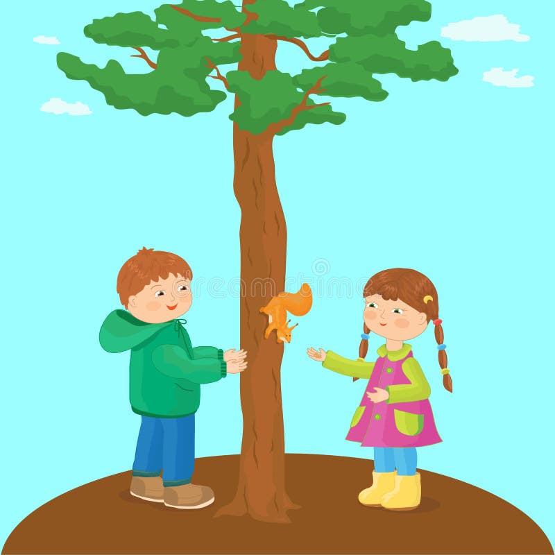 Children on a Walk Met a Squirrel. Stock Vector - Illustration of walk ...