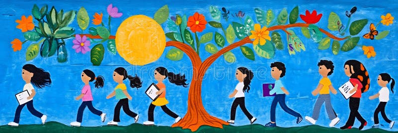 Children Walking with Books Stock Illustration - Illustration of ...