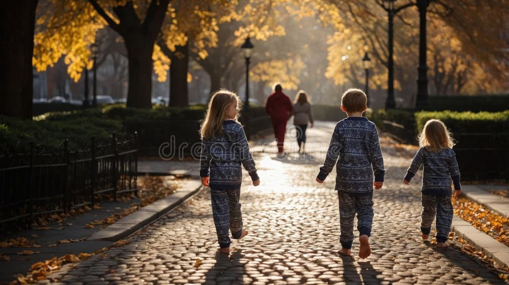 Children Walking Barefoot on Cobblestone Path in Autumn Park Stock ...