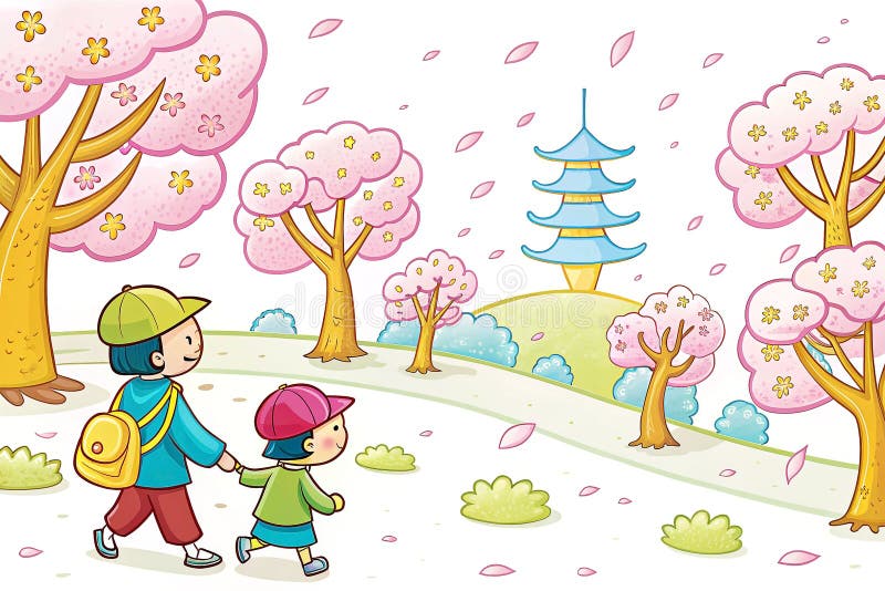 Children Walking Path Cherry Blossoms Japan Pagoda Stock Illustration ...